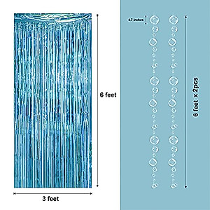 Ocean Blue Under the Sea Party Decoration Tinsel Foil Fringe Curtain Backdrop with Hanging White Bubble Garland for Mermaid Birhthday Party Wedding Engagement Photo Background Bridal Baby Shower Birthday Sweet 16 Party Supplies