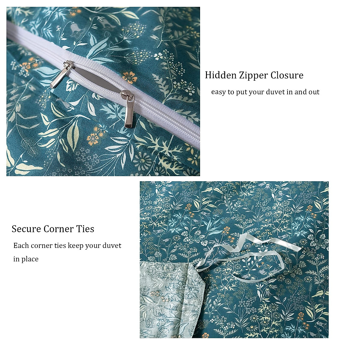 EAVD Garden Style Botanical Floral Duvet Cover Twin Soft 100% Cotton Yellow Floral Leaves Pattern Bedding Set with 2 Pillowcases Reversible Girld Plaid Duvet Cover with Zipper Closure