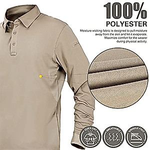 MIER Men's Outdoor Performance Tactical Polo Shirts Long and Short Sleeve, Moisture-Wicking, Khaki, Small