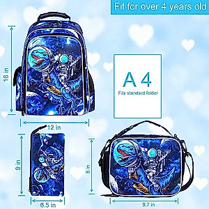 UFNDC 3PCS Dinosaur Backpack for Boys, 3D Kids Preschool Bookbag with Lunch Box, 16”Water Resistant School Bag for Elementary Toddler