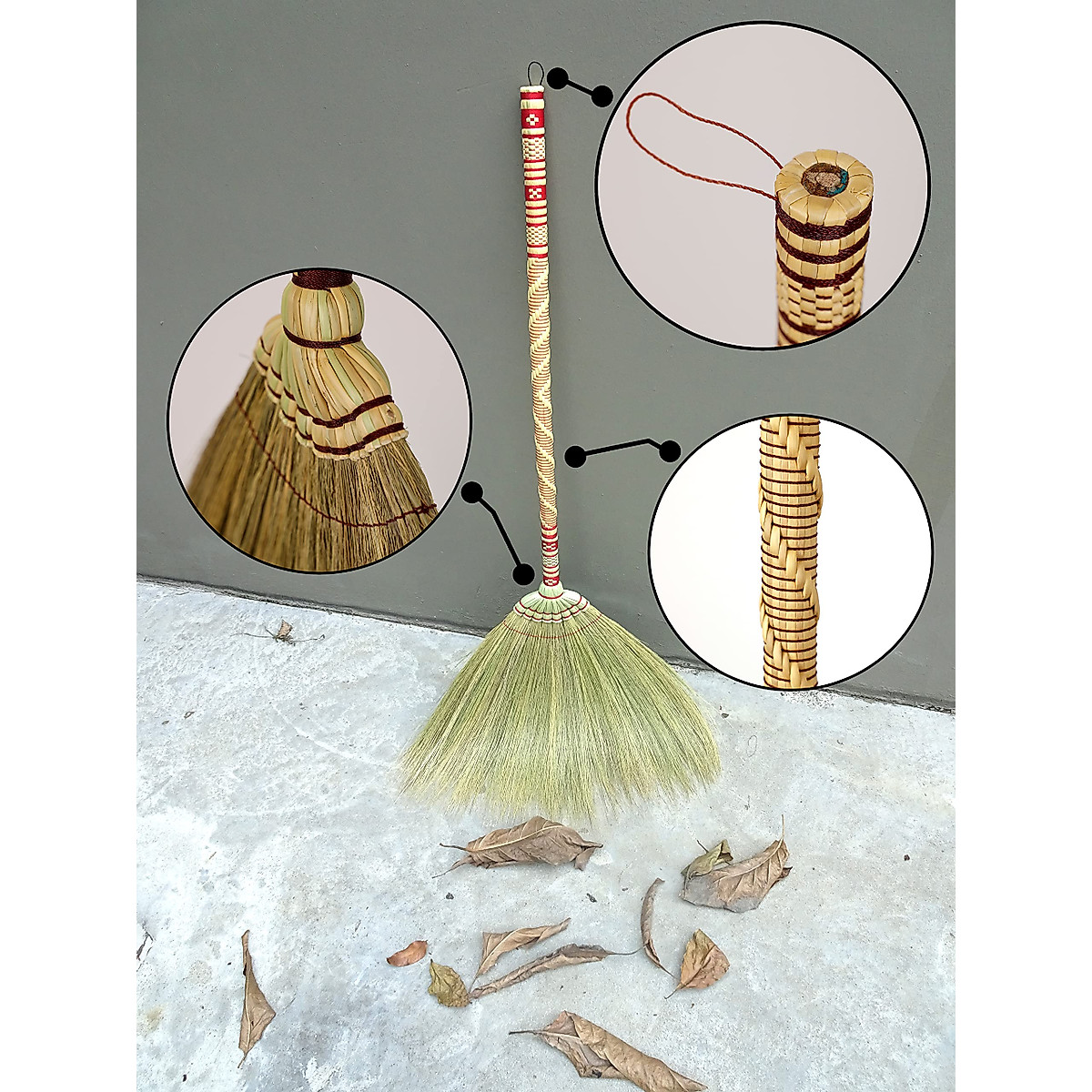 Handmade Asian Broom Natural Bamboo Wood Broomstick for Sweeping, RED or Blue Thai Grass Woven Design Corn Broom & Cover Set