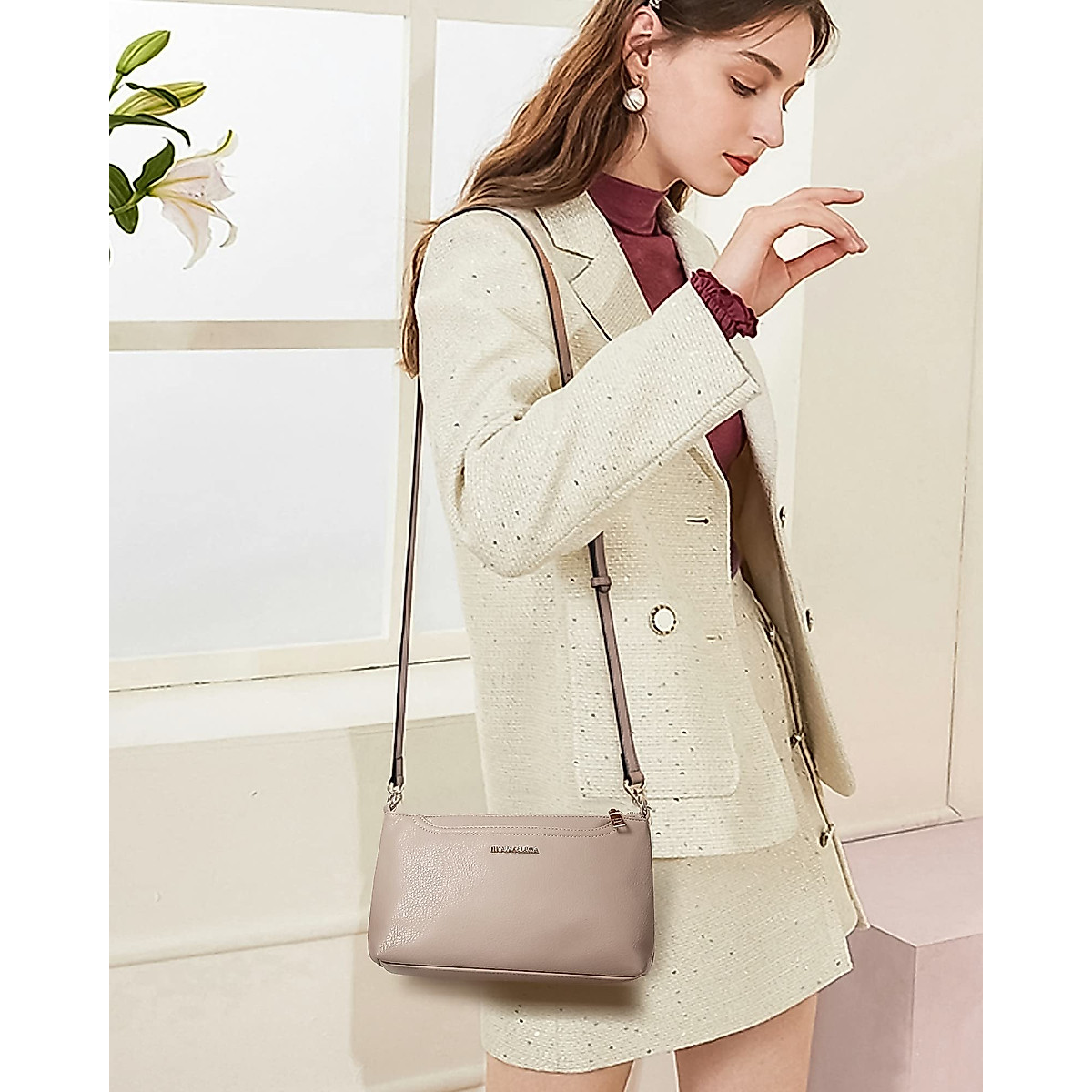 AMELIE GALANTI Small Medium Size Crossbody Bag purse for Women,leather Shoulder handbag with Adjustable Strap (beige)