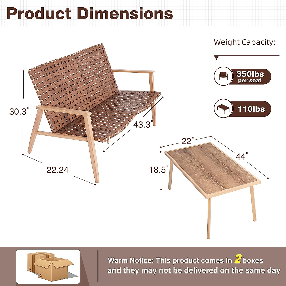COMLAX FIELD 2 Piece Patio Furniture Set, Leather-Look Patio Loveseat, Outdoor Furniture Set with Coffee Table for Balcony Backyard Park Garden