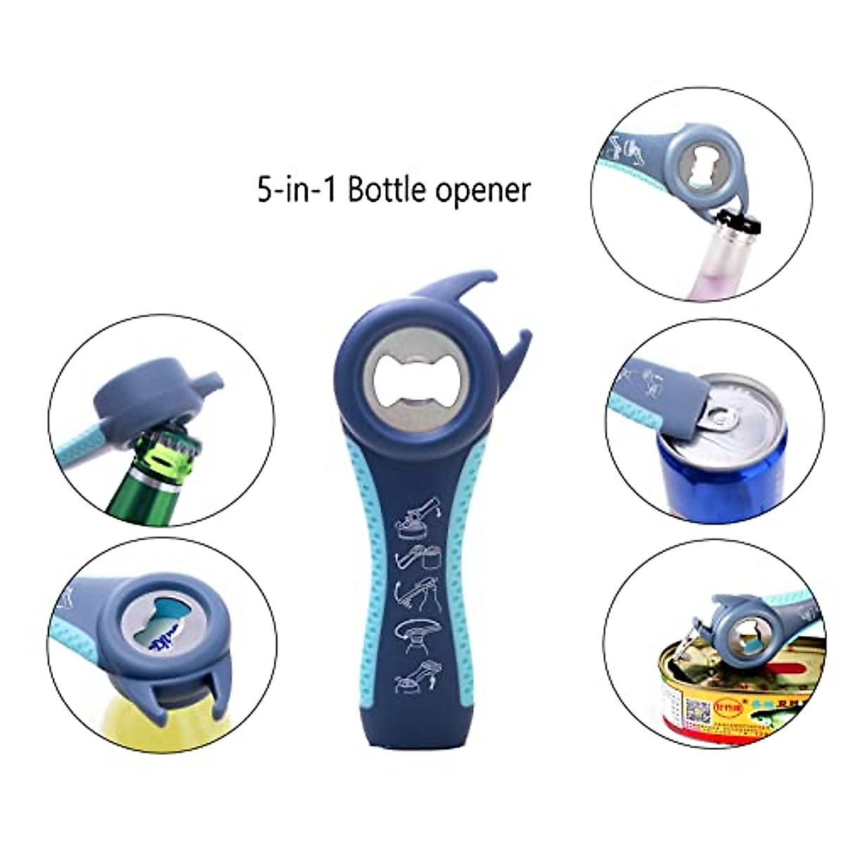 Tyzine Jar Opener|5 in 1 Multi Function Can Opener Bottle Opener Kit with Silicone Handle|Easy to Use for Women, Elderly and Arthritis Sufferers (Blue)