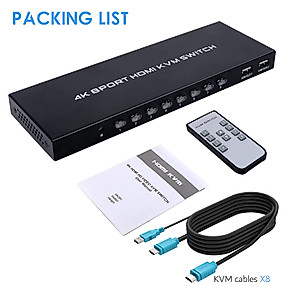 TCNEWCL 8 Port KVM Switch HDMI, 4K@30Hz 8 in 1 Out HDMI KVM Switch for 8 PC Sharing 1 HD Monitor and 4 USB Devices with IR Remote & 8 HDMI Cables