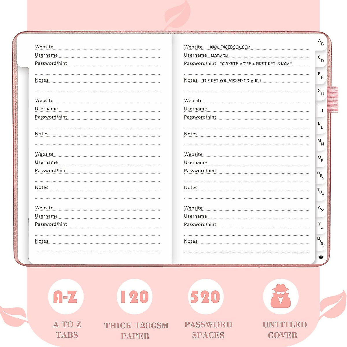 ZICPERY Password Book with Alphabetical Tabs - Premium Leatherette Hardcover Internet Password Keeper Logbook - Untitled Medium Size Password Notebook & Organizer for Home or Office (Rose Gold)