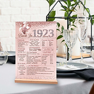 Vlipoeasn Pink 101st Birthday Anniversary Table Decoration 1923 Poster for Women, Rose Gold Back in 1923 Acrylic Table Sign with Wooden Stand, 101 Year Old Birthday Party Centerpieces Gift Supplies
