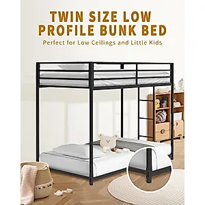 Twin Over Twin Bunk Bed - LifeSky Metal Low Profile Bunkbed with Side Ladder Black