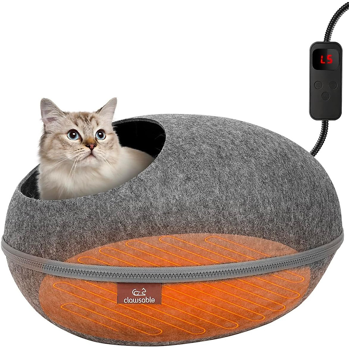 clawsable Heated Cat Bed for Large Cats, 19" Detachable Cave Heated Pet Bed with Time & Temp Adjustable Pet Heating Pad for Indoor Cat, Electric Cat Bed Heater Warmer for Cat