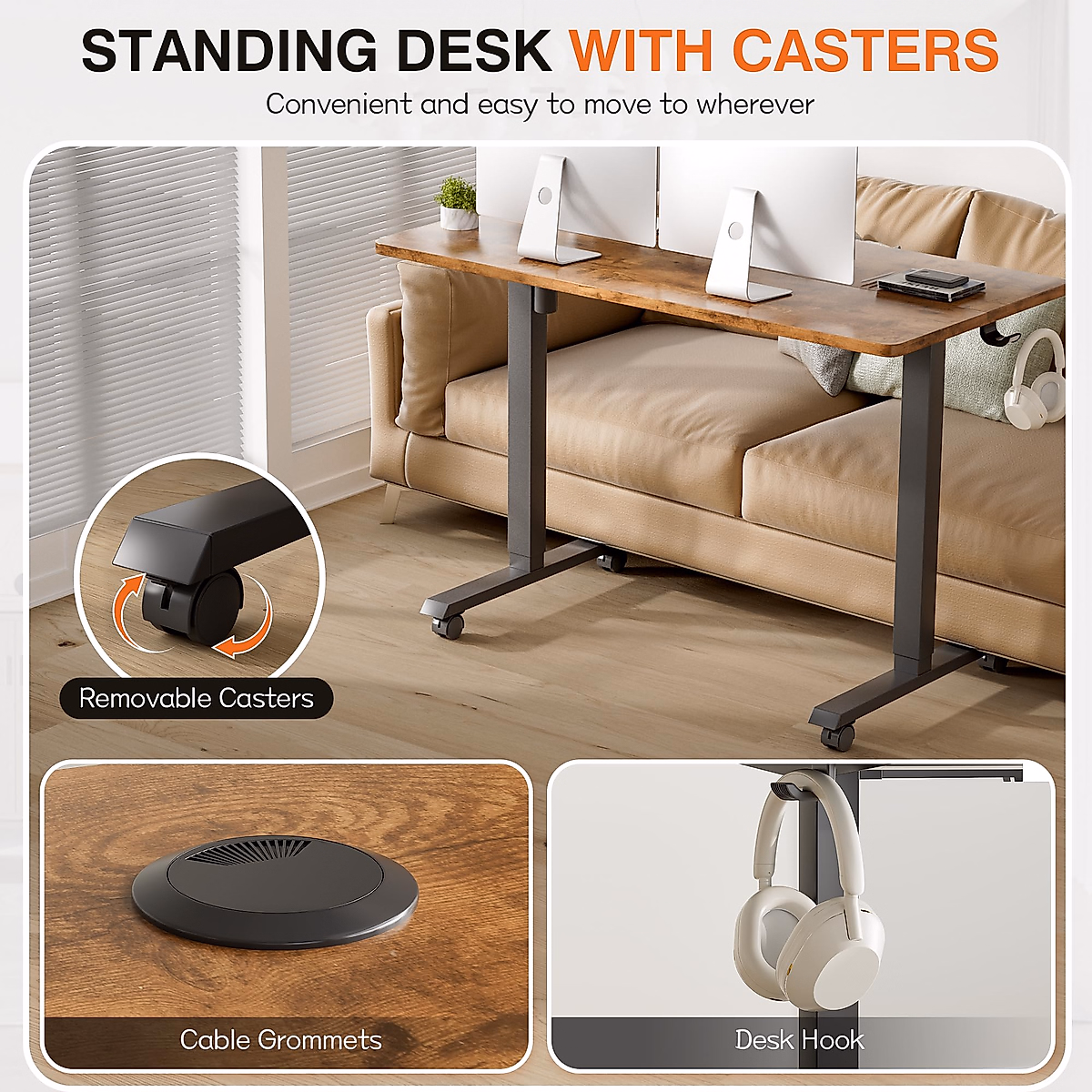 Furmax Electric Standing Desk, 47 x 24 Inches Height Adjustable Desk with Removable Casters, Home Office Computer Desk (Brown)