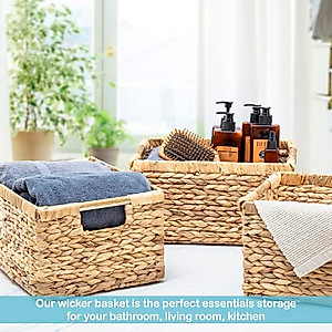 VATIMA Large Wicker Basket Rectangular with Wooden Handles for Shelves, Water Hyacinth Basket Storage, Natural Baskets for Organizing, Wicker Baskets for Storage 14.5 x 10.3 x 7.5 inches