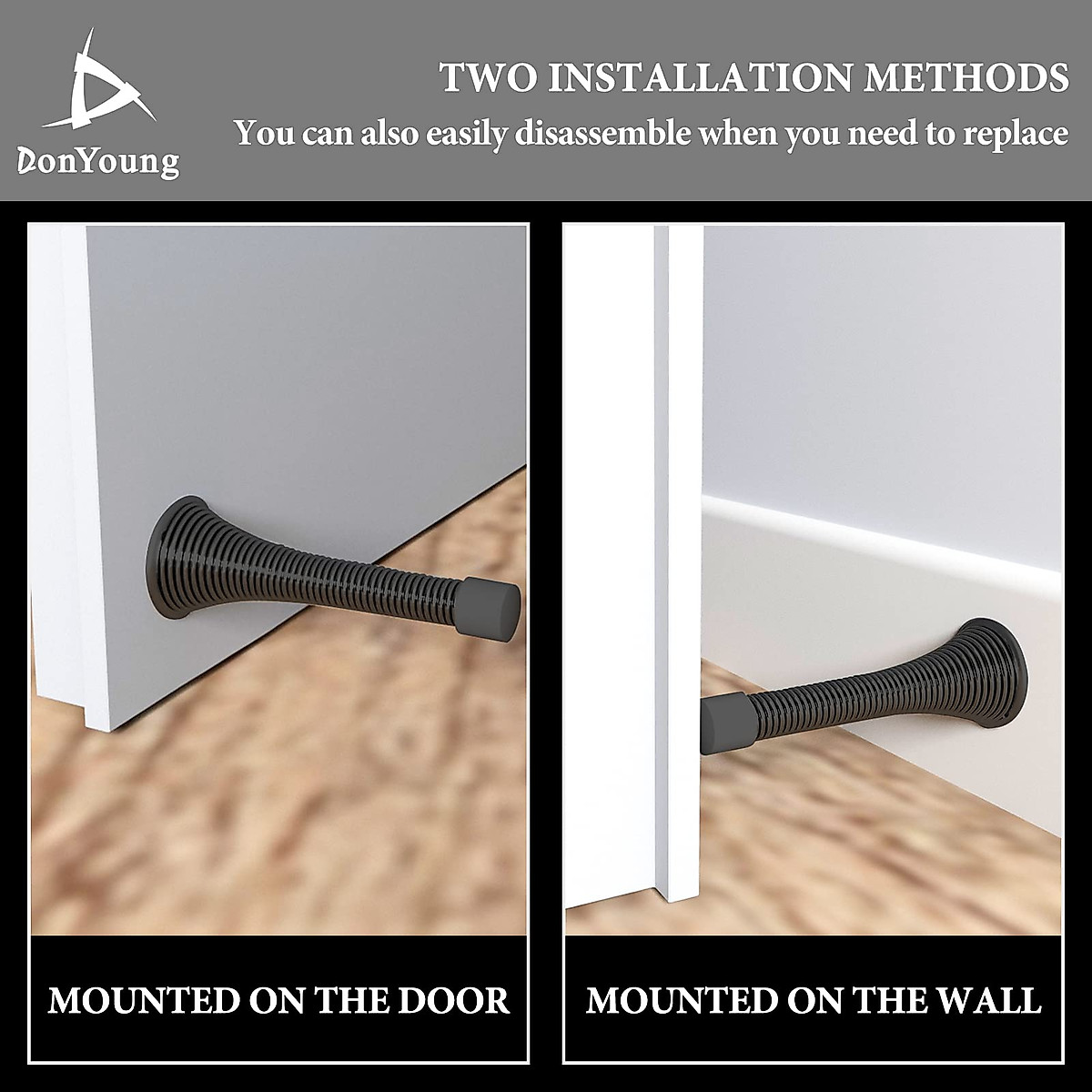 DonYoung 12 Pack Black Spring Door Stops for Bottom of Door 3-1/4”, Wall Door Handle Protector with Rubber Bumper Tips, Easy Installation