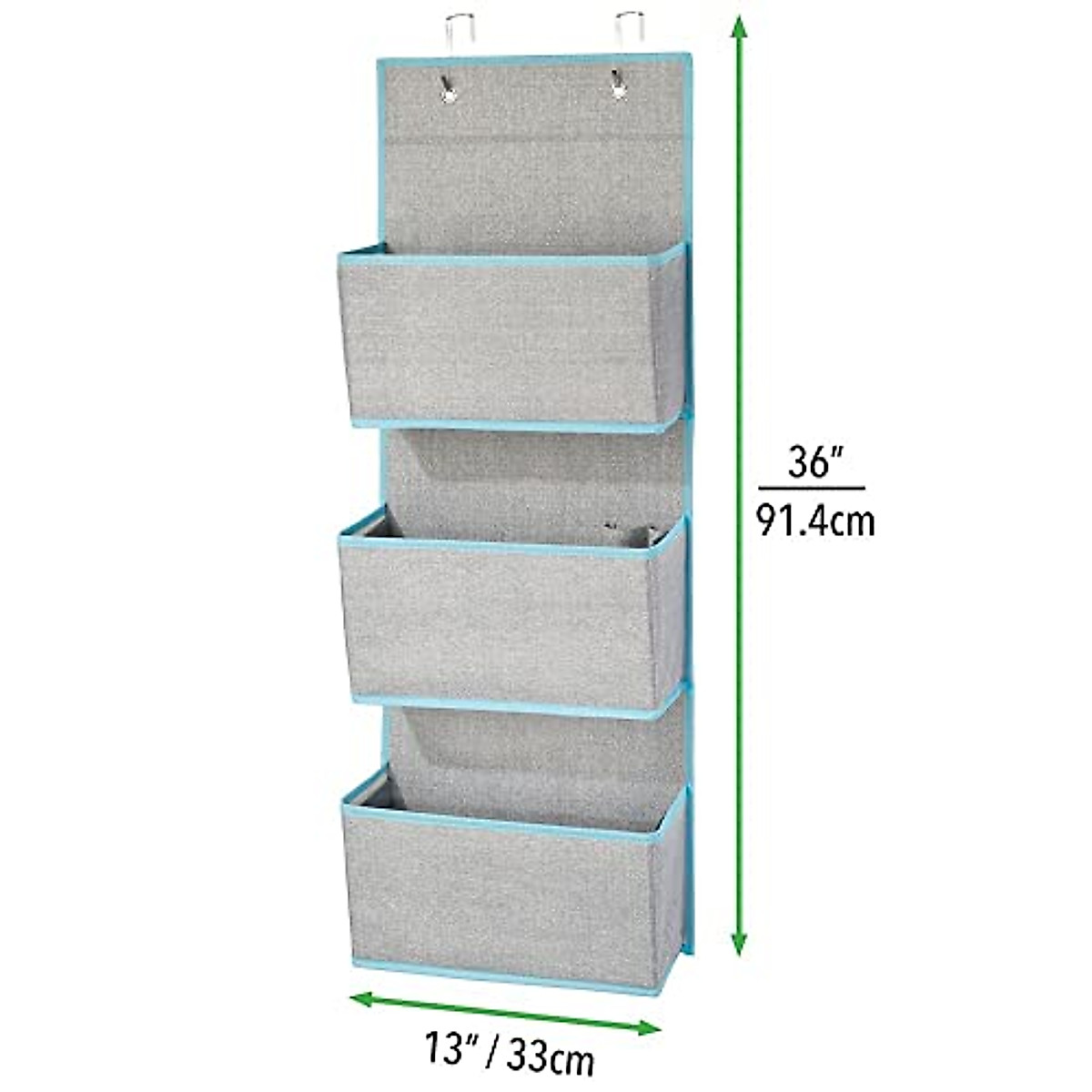 mDesign Fabric Hanging Organizers for Over the Door Storage In Bedroom/Hallway Closets, 3 Pocket Organizer Caddy with Hooks for Linens, Clothing, Accessories, Lido Collection, 2 Pack, Gray/Teal Blue