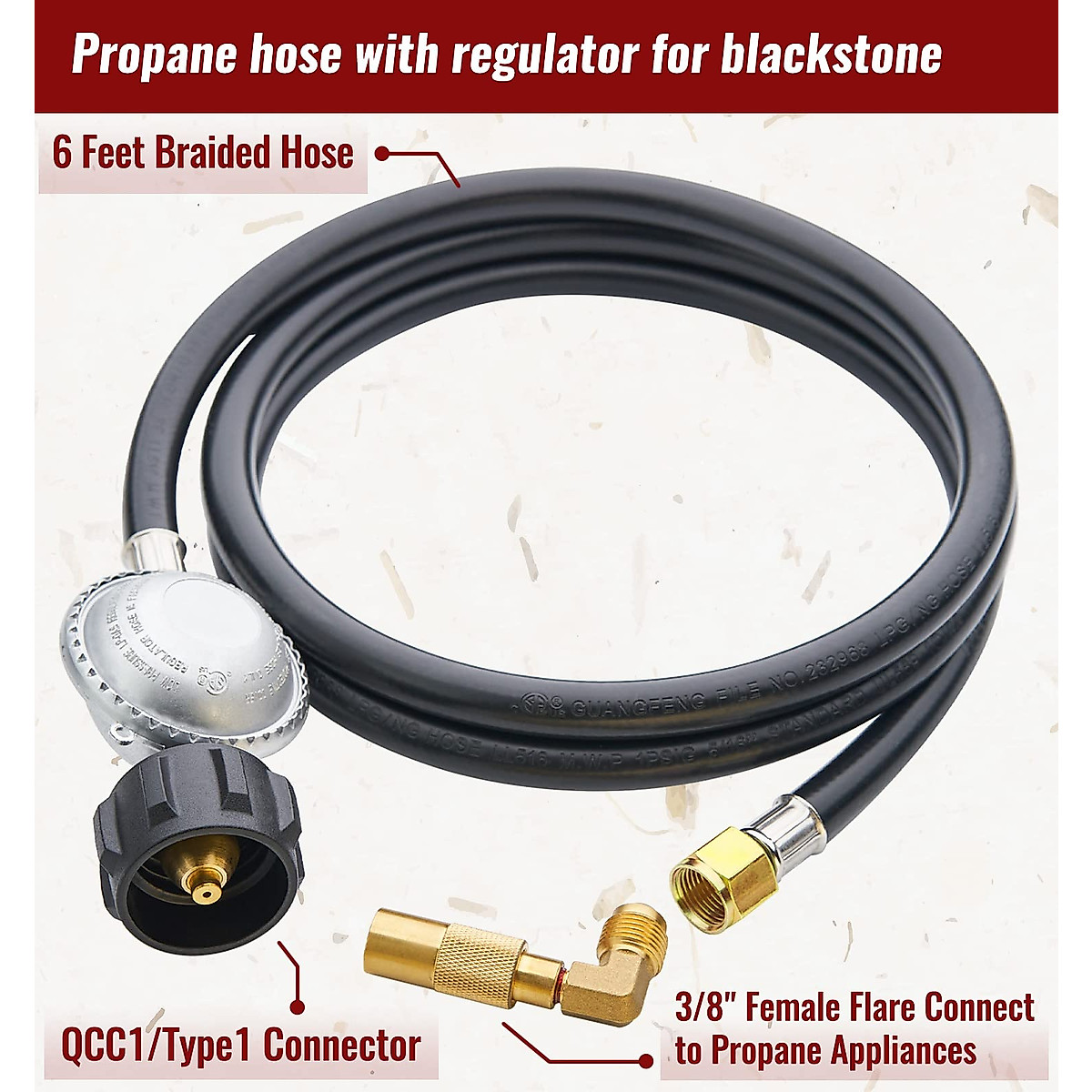 CALPOSE 6 Feet Low Pressure Propane Hose with Regulator, Universal Grill Regulator Hose with 90 Degree Elbow Adaptor for Blackstone 17”/22” Blackstone Tabletop Griddle