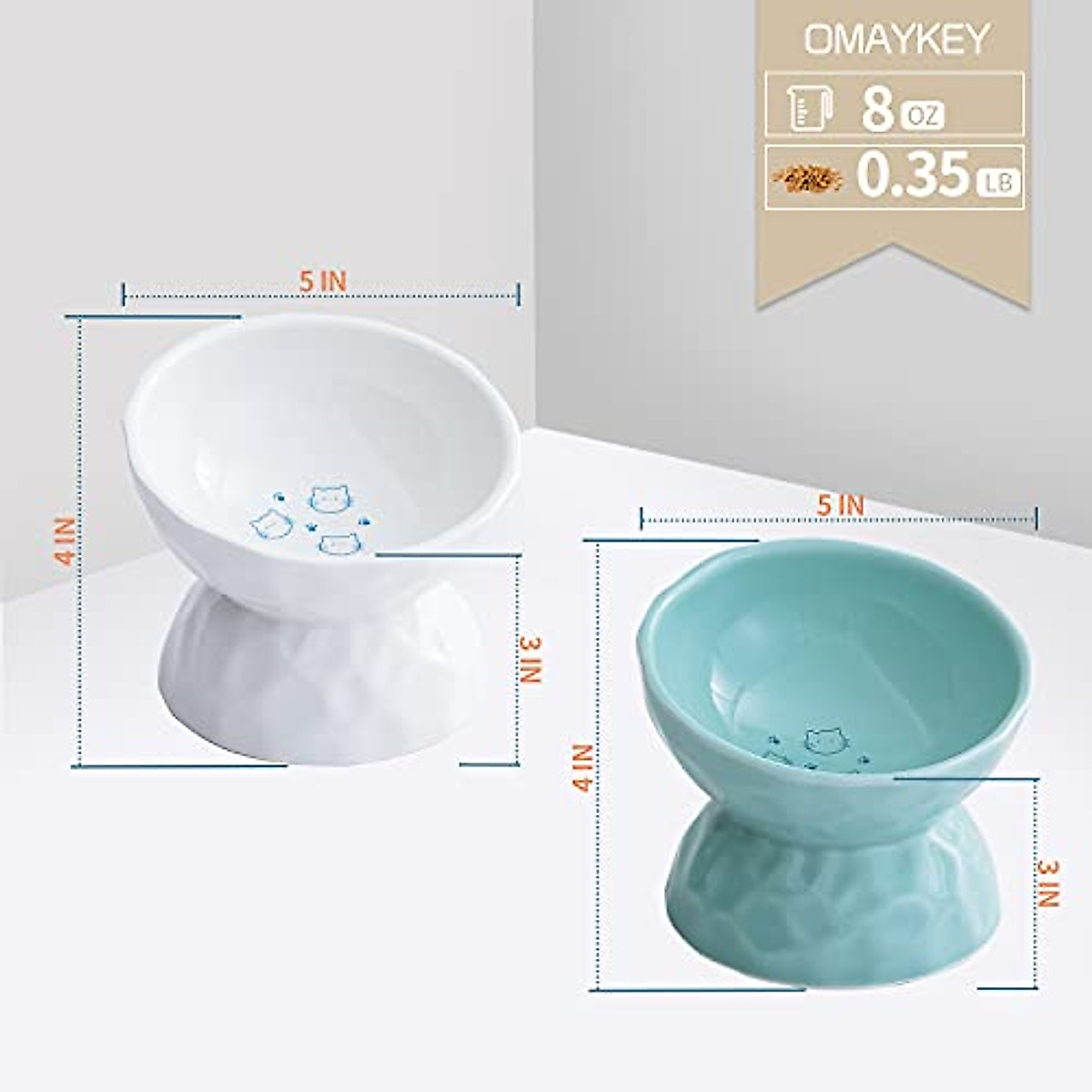 Ceramic Raised Cat Bowls, Tilted Elevated Cat Food and Water Bowls Set, Porcelain Stress Free Pet Feeder Bowl Dish for Cats and Small Dogs, Dishwasher and Microwave Safe, White & Green, Set of 2