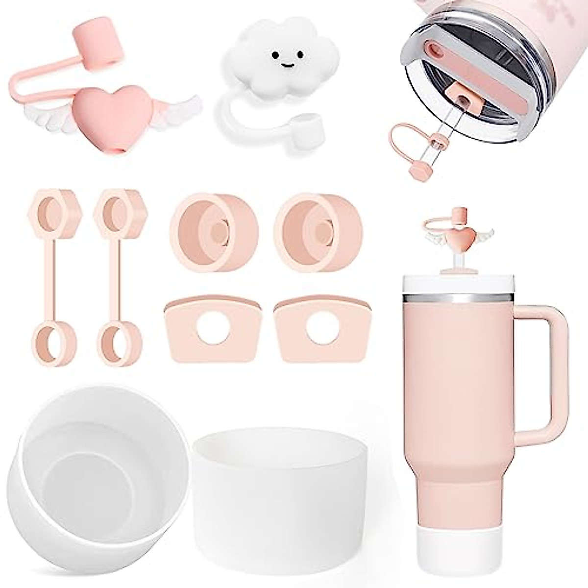 BonneChance Stanley Cup Accessories Set Including 6 Pcs Silicone Spill Proof Stopper, 2 Pcs Straw Cover Cap for 9-10 mm Straws, 1 Pcs Silicone Boot for Stanley Cup Stanley 40oz & 30oz Tumbler (PINK)