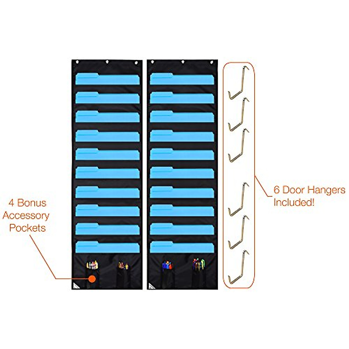 COMPONO Wall Storage Pocket Charts (10 Pocket - 2 Pack, Black) File Organizers with Free Bonus 6 Door Hangers. Best Pocket Chart for School, Classroom, Home or Office. Wall Pocket Chart Organizer