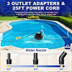 UniWater Pool Cover Pump above Ground-Submersible Sump Pump Swimming Water Removal Pumps, Sump Pump for Pool Draining with 16ft Drainage Hose & 25 ft Extra Long Power Cord,850 GPH,3 Adapters-Black
