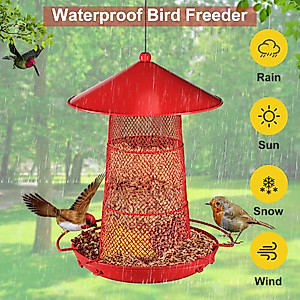 Gaprass Bird Feeder, 3 Tier Retractable Metal Bird Feeders for Outside Hanging, 6.6 Lbs Large Capacity with 3 Perches, Squirrel-Proof Bird Feeder for 360°Feeding Area for Wild Birds (Red)