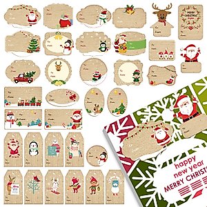 Whaline 136Pcs Christmas Kraft Gift Stickers 34 Styles Christmas Tree Santa Snowman Name Tags Stickers Self-Adhesive Xmas Cartoon Gift Label Sticker for Christmas Holiday Present Gift Box Decor