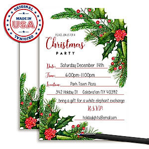Watercolor Holly and Pine Christmas Holiday Party Invitations, 20 5"x7" Fill In Cards with Twenty White Envelopes by AmandaCreation