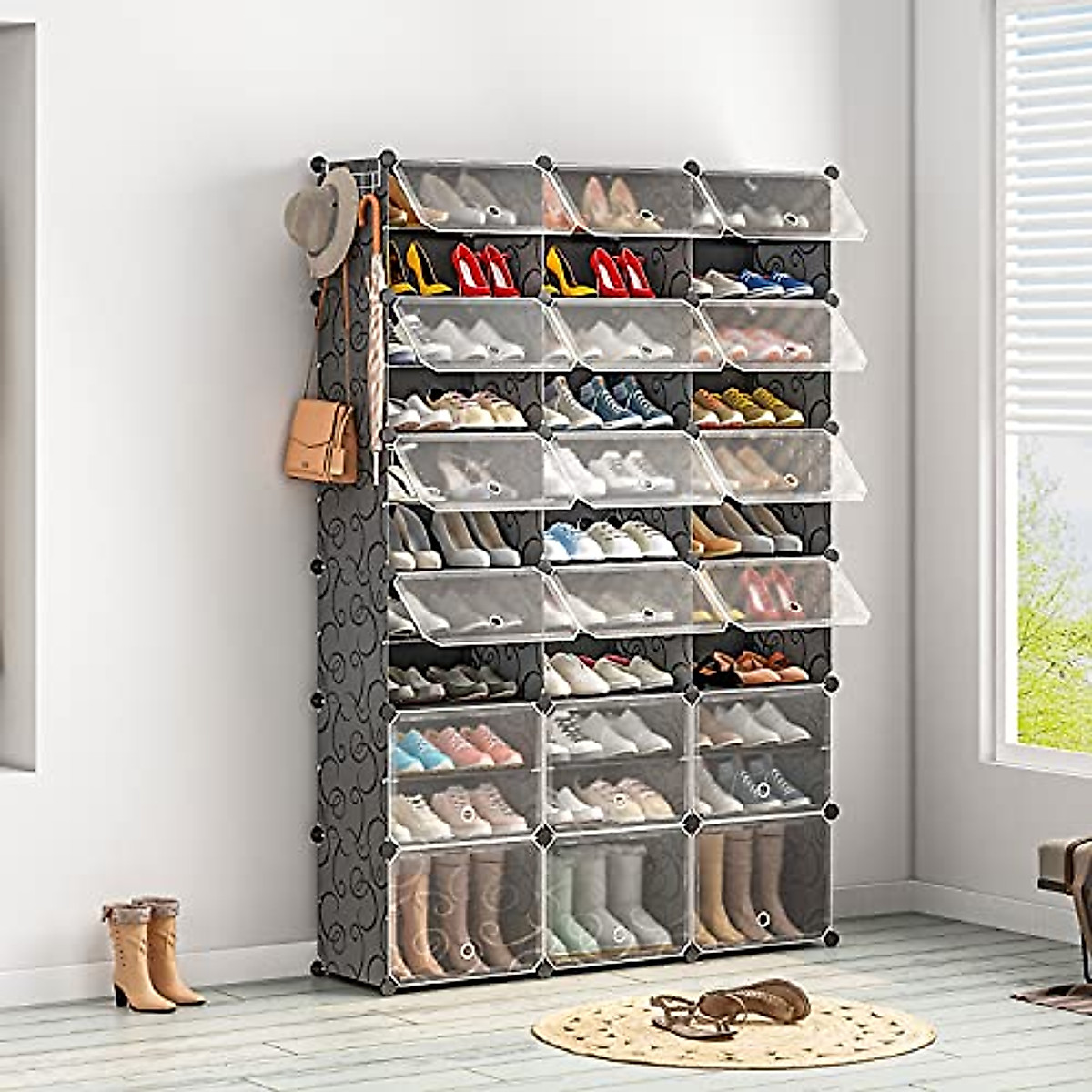 Aeitc 72 Pairs Shoe Rack Organizer Shoe Organizer Expandable Shoe Storage Cabinet Narrow Standing Stackable Space Saver Shoe Rack for Entryway, Closet with Hook and Side Shelf,48"x12"x72"