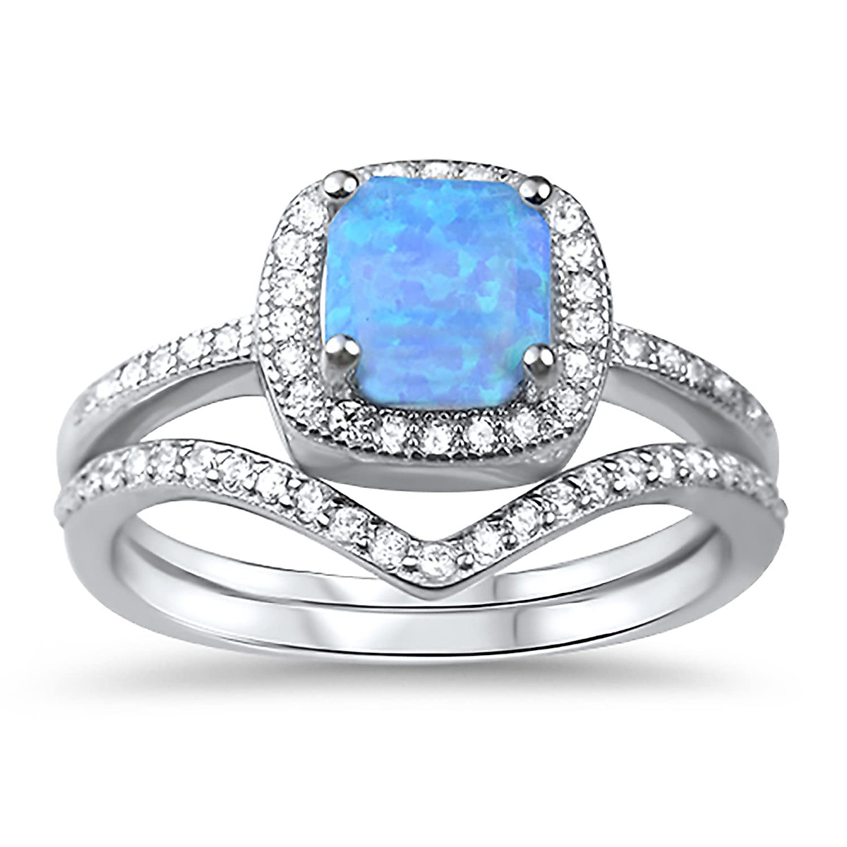 LaRaso & Co Sterling Silver Princess Cut 1 carat Blue Lab Opal Wedding Engagement Bridal Ring Set 8