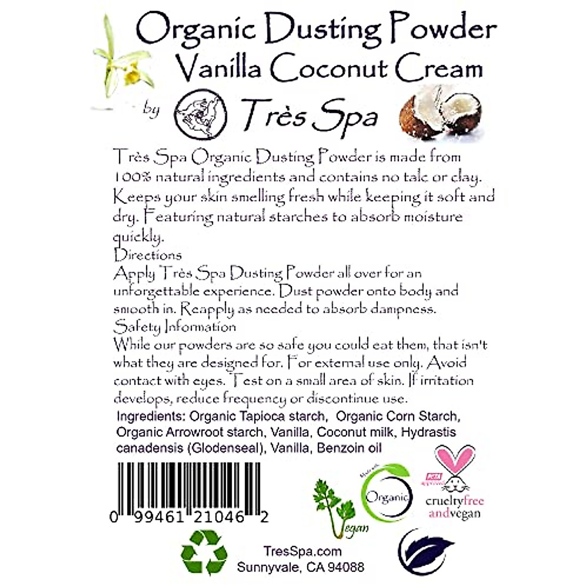 Très Spa Vanilla Cream Dusting Powder - Organic Botanicals with Vanilla Bean & Coconut Cream | Natural Body Powder that is Talc Free, Clay Free, & Non GMO (.5pt Bulk Bag)
