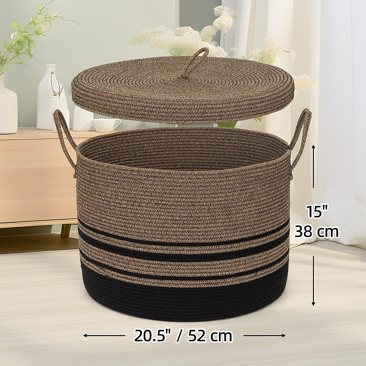 ORGMASTER Laundry Basket with Lid, Woven Cotton Rope Laundry Hamper Foldable Storage Organizer Bin Blanket Basket for Comforter, Cushions, Clothes, Pillows, 20.5x20.5x15 Inch, Deep Brown/Black