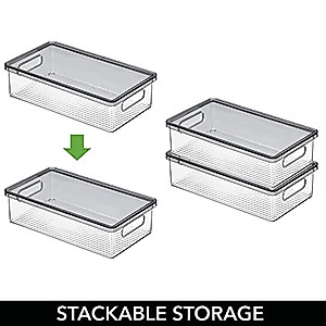 mDesign Small Plastic Stackable Bathroom Cabinet Storage Bin Box with Handles/Lid, Drawer Stacking Organizer for Soap, Lotion, Towels, and Accessories, Ligne Collection, 4 Pack, Clear/Smoke Gray, 15 x 8.5 x 4.2
