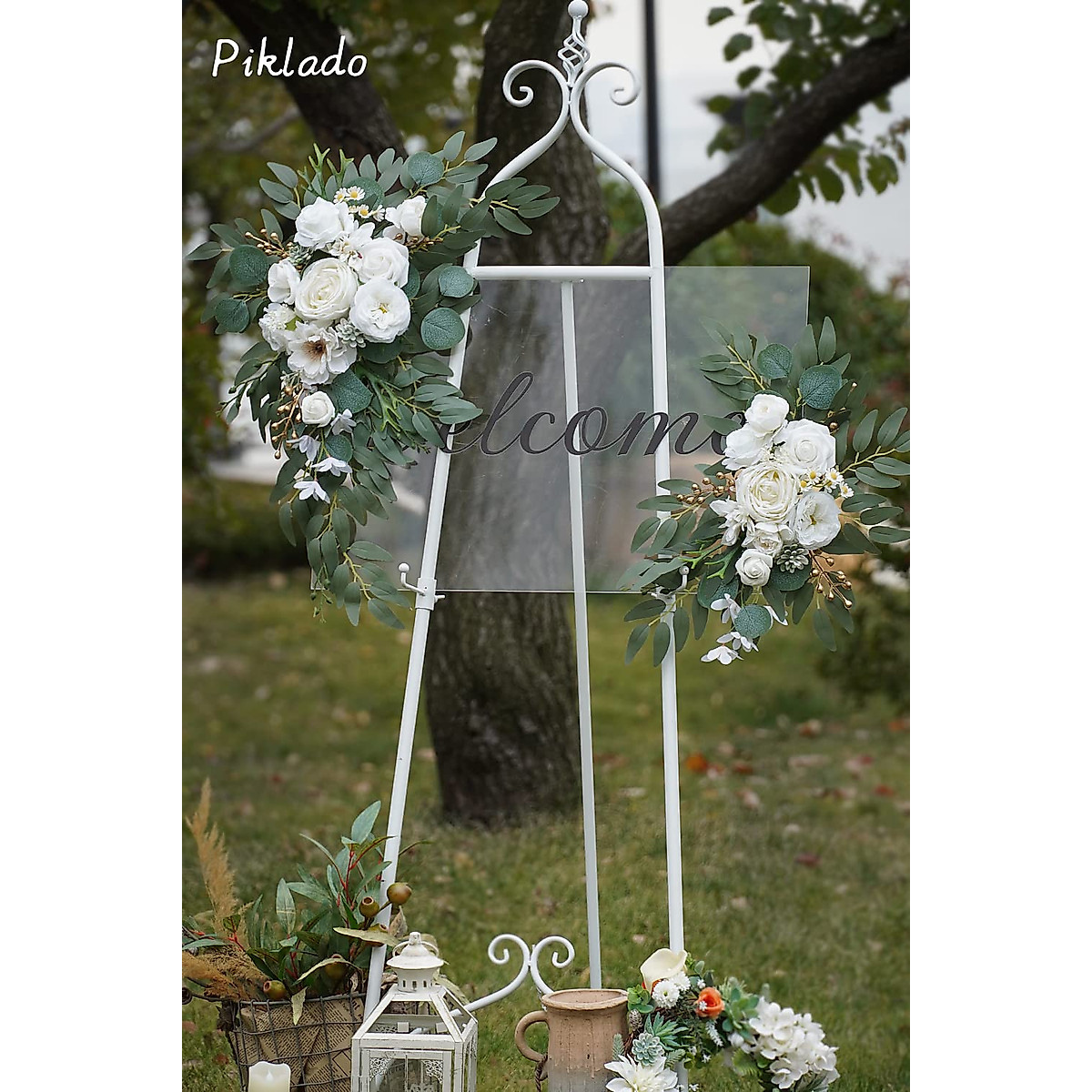 Piklado Faux Arch Flower Swag Set of 2 for Wedding Welcome Signs Floral Swag Wedding Reception Ceremony Signs Decor (White)