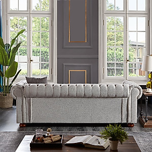 Dvasovio 88.5" Chesterfield Sofas for Living Room, Linen Upholstered Sofa with Tufted Back, Classic 3 Seater Leather Couch Rolled Arm for Living Room Office (Light Grey)