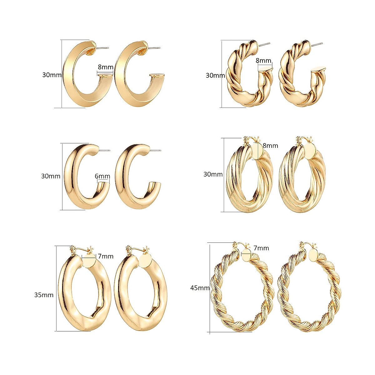 6 Pairs Gold Chunky Hoop Earrings for Women,14K Gold Plated Twisted Huggie Hoop Earring Set Hypoallergenic,Thick Open Hoop Earrings Packs Lightweight. (6 New Gold Hoops)