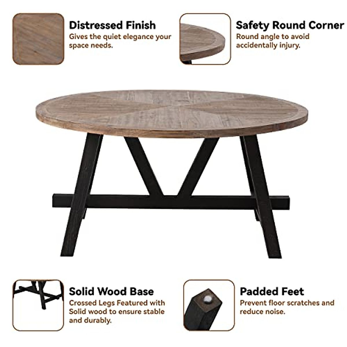 COZAYH Rustic Farmhouse Coffee Table with Geometric Base, French Country Accent Table for Family, Dinning or Living Room, Modern, Round, Coffee table Geometric Base (PH0402-4)