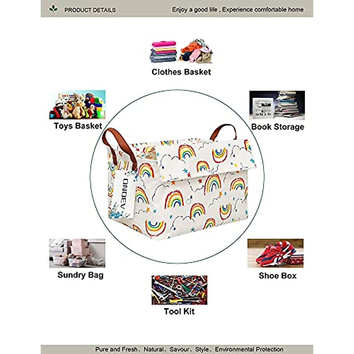 ONOEV Rectangular Fabric basket with cover and handle, decorative basket and closet storage box for clothes, books and sundries（rainbow with lid）, 14.9x10.2x9.05 Inch (Pack of 1)
