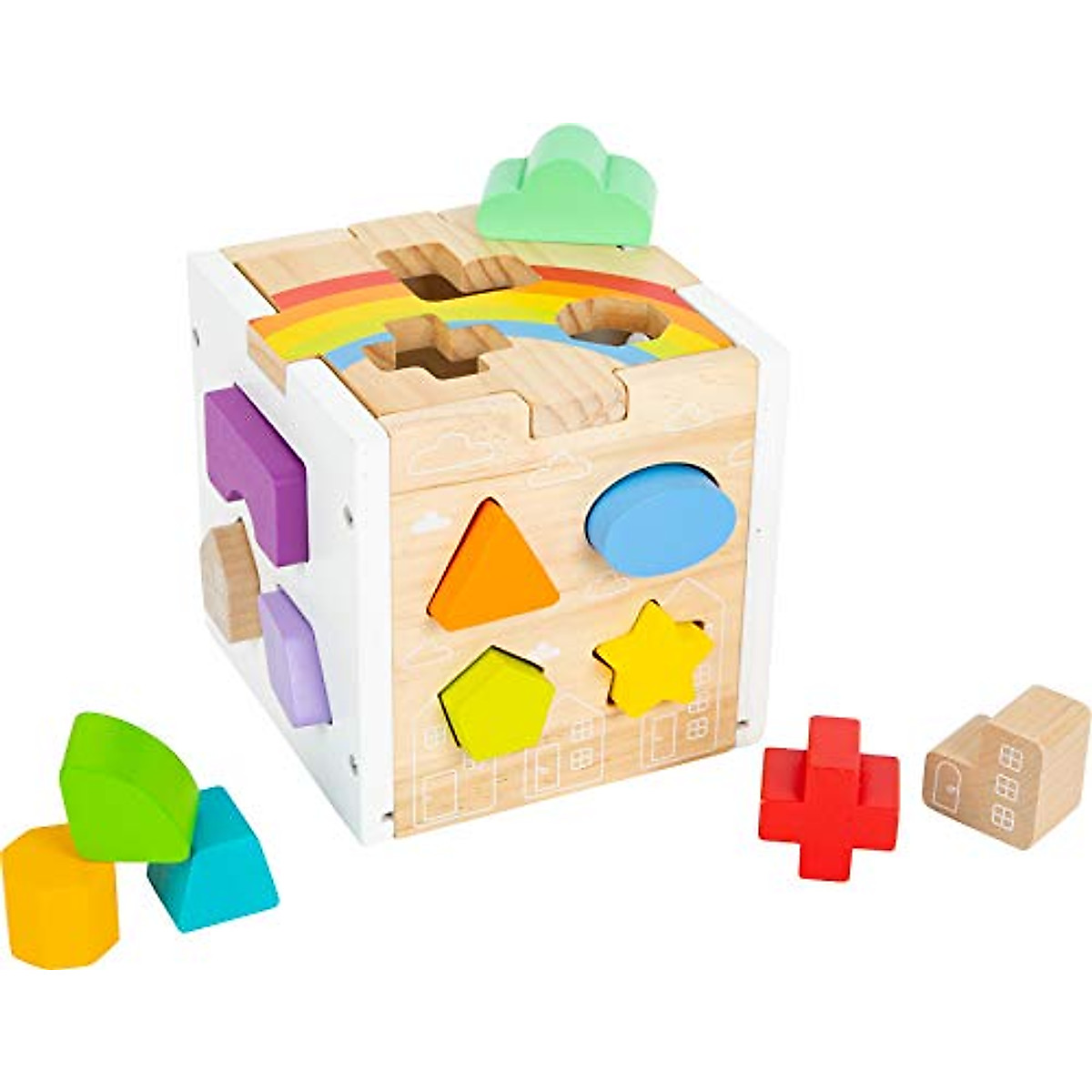Wooden Rainbow Shape Sorter Cube – Sorting Toy with 13 Geometric Shapes & Removable Lid – Educational Game for Dexterity & Fine Motor Skills – Teaches Counting, Shapes and Colors – Ages 12+ Months
