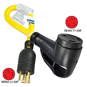 Conntek 15825 1.5-Feet, 30-Amp RV Generator Adapter for Model L5-30P Locking Plug to RV 30-Amp Ergo Grip Connector with Power Indicator