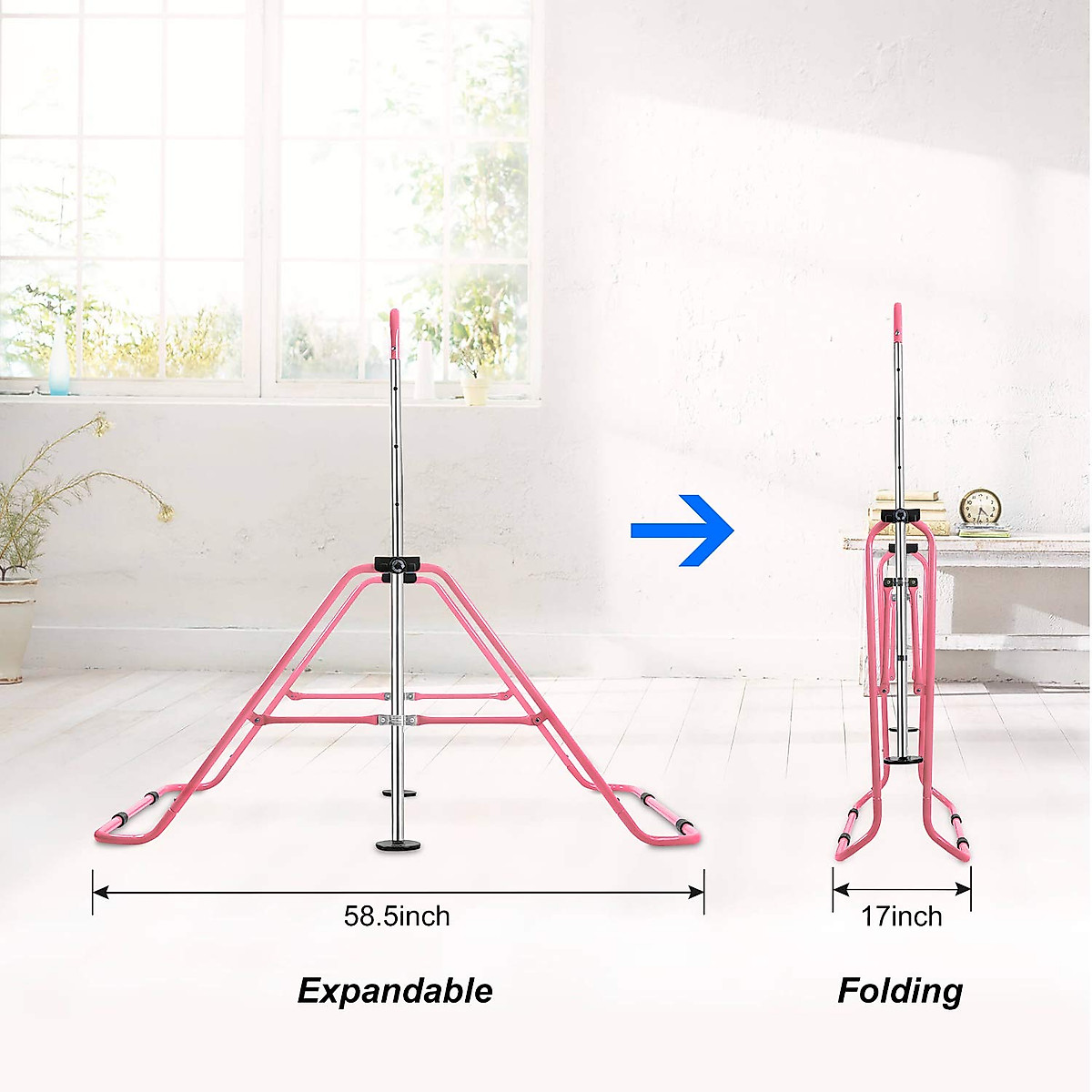 YEEGO DIRECT Gymnastics Bar with Rings, Gymnastics Bar for Kids Ages 3-12, Foldable Gymnastics Bar, Kids Gymnastics Bar Expandable for Home Training Kids Gifts for Grils Boys（Pink）