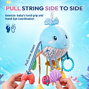 Jollybaby Plush Stuffed Activity Pull String Hanging Toys for Stroller Car Seat Crib or Gym, Montessori Sensory Carseat Toy for Baby 0-3-6-12-18 Months, Whale Toy for Infant Baby Boy Girl Gifts