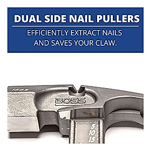 Boss Hammer Pro Series Titanium Hammer with Over-Molded No-Slip Rubber Grip - 16 oz, Construction Grade, Dual Side Nail Pullers, Milled Faced - BH16TIM