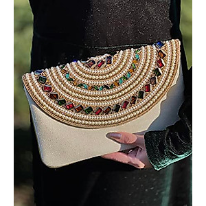 hiraeth official Women's Beaded Beige Gold Formal Clutch, Luxury Handmade Elegant Evening Bag