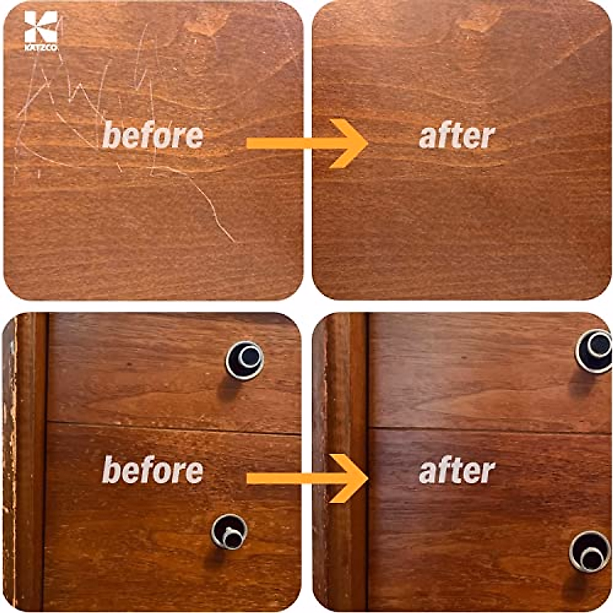 Katzco Total Furniture Repair Kit - Set of 34 - Resin Repair Wood Filler, Brushes, Markers with Plastic Scraper - for Stains, Scratches, Wood Floors, Tables, Desks, Carpenters, Bedposts