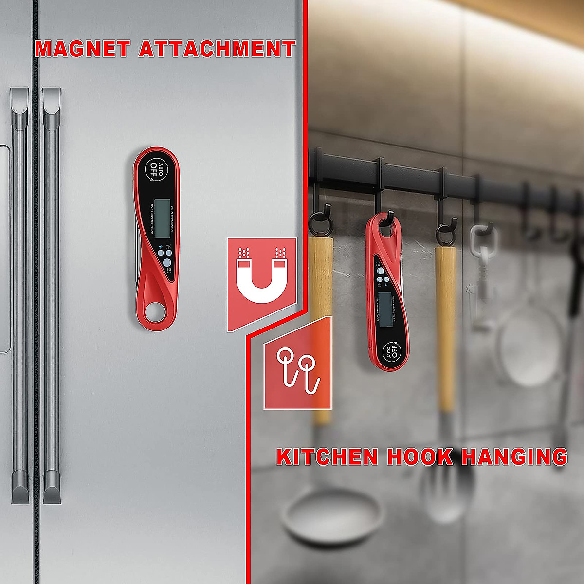 Sangaotian Digital Meat Thermometer, Instant Read Cooking Thermometer with Backlight, Magnet, Waterproof & Foldable, Fast & Precise, Ideal for Deep Fry, BBQ & Roast Turkey,Red