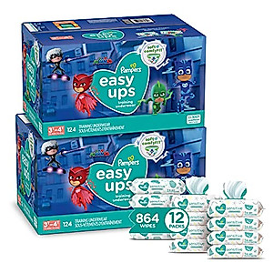 Pampers Easy Ups Pull On Training Pants Boys and Girls, 3T-4T (Size 5), 2 Month Supply (2 x 124 Count) with Sensitive Water Based Baby Wipes, 12X Pop-Top Packs (864 Count)