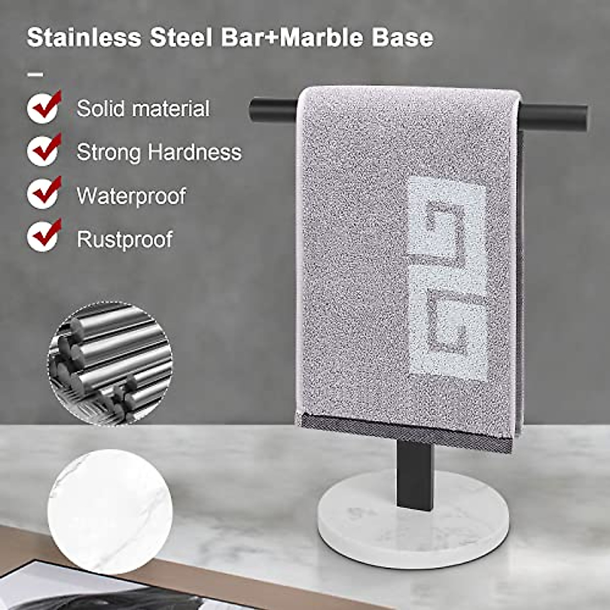 NearMoon T-Shape Hand Towel Holder-Bathroom Towel Rack-Stand with Balanced Base Towel Bar for Bathroom Kitchen Vanity Countertop, Modern Stand Towel Ring (Marble Base, Black)