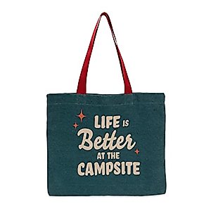 Camco Life is Better at The Campsite Tote Bag | Perfect for Groceries, Shopping or as a Purse | Gray/Blue Tote Bag with Red Retro Stars & Large, Tan Life is Better at The Campsite Text (53481)