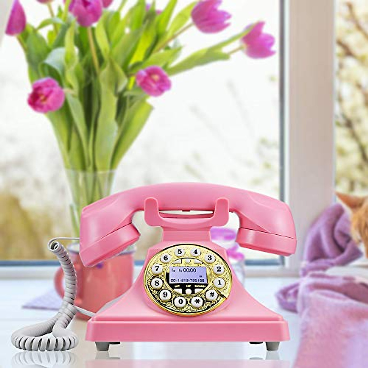 Pink Retro Landline Phone for Home, IRISVO Vintage Phone Old Fashioned Classic Desk Telephone with LCD Screen Display and Redial,Speaker, Push Button Dialing with A Rotary Look (Pink)