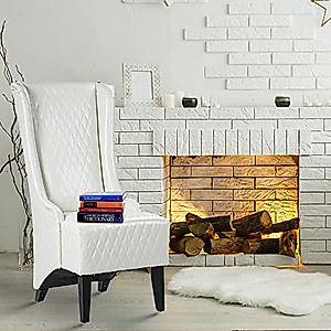 ME2 22" W Luxury Leather Chair for Dining Room High Back Accent Chair for Living Room, Solid Wood Frame Side Chair with Wood Legs Dining Chair for Restaurant/Dining Room, White