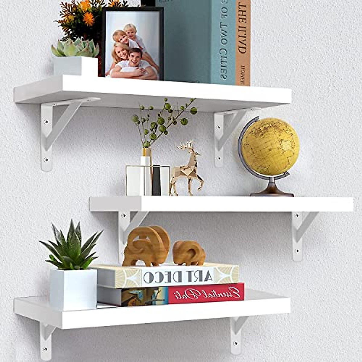 VOGGV Floating Shelves, Wall Shelves with Triangle Brackets, Wall Mounted Floating Shelf Multifunctional Storage Decor for Living-Room, Bathroom, Dining Room, Office, Bedroom, Set of 3, White