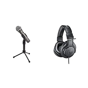 Samson Technologies Q2U USB/XLR Dynamic Microphone Recording and Podcasting Pack, Silver & Audio-Technica ATH-M20X Professional Studio Monitor Headphones, Black